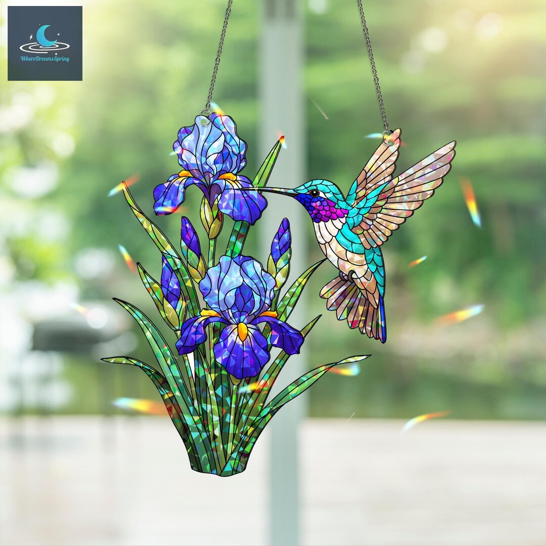 Hologram Hummingbird Suncatcher, Iris Flower Acrylic Window Hanging - Etsy