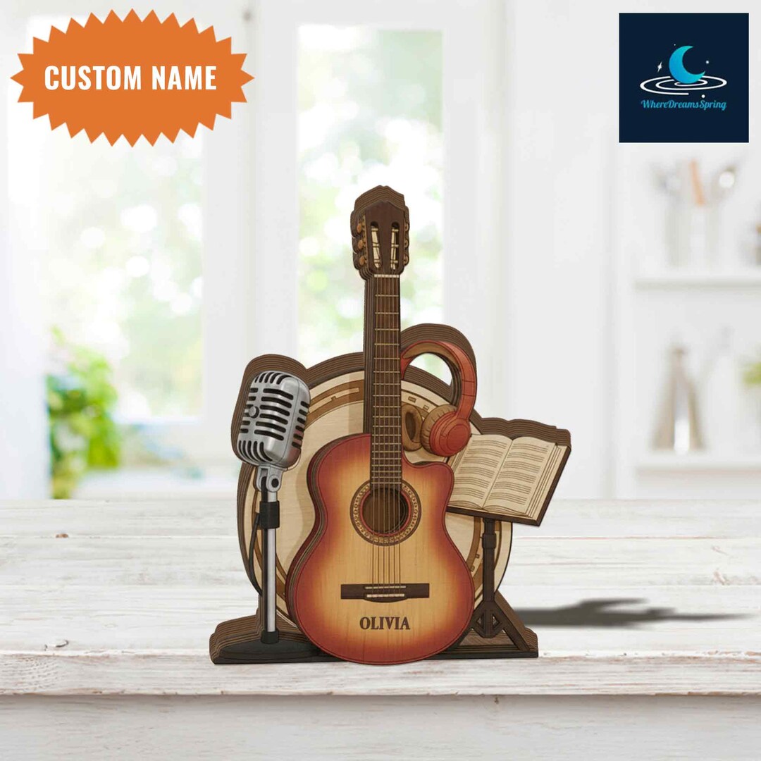 Personalized Music Wooden Block Decor, Custom Name Guitar Shelf Display ...