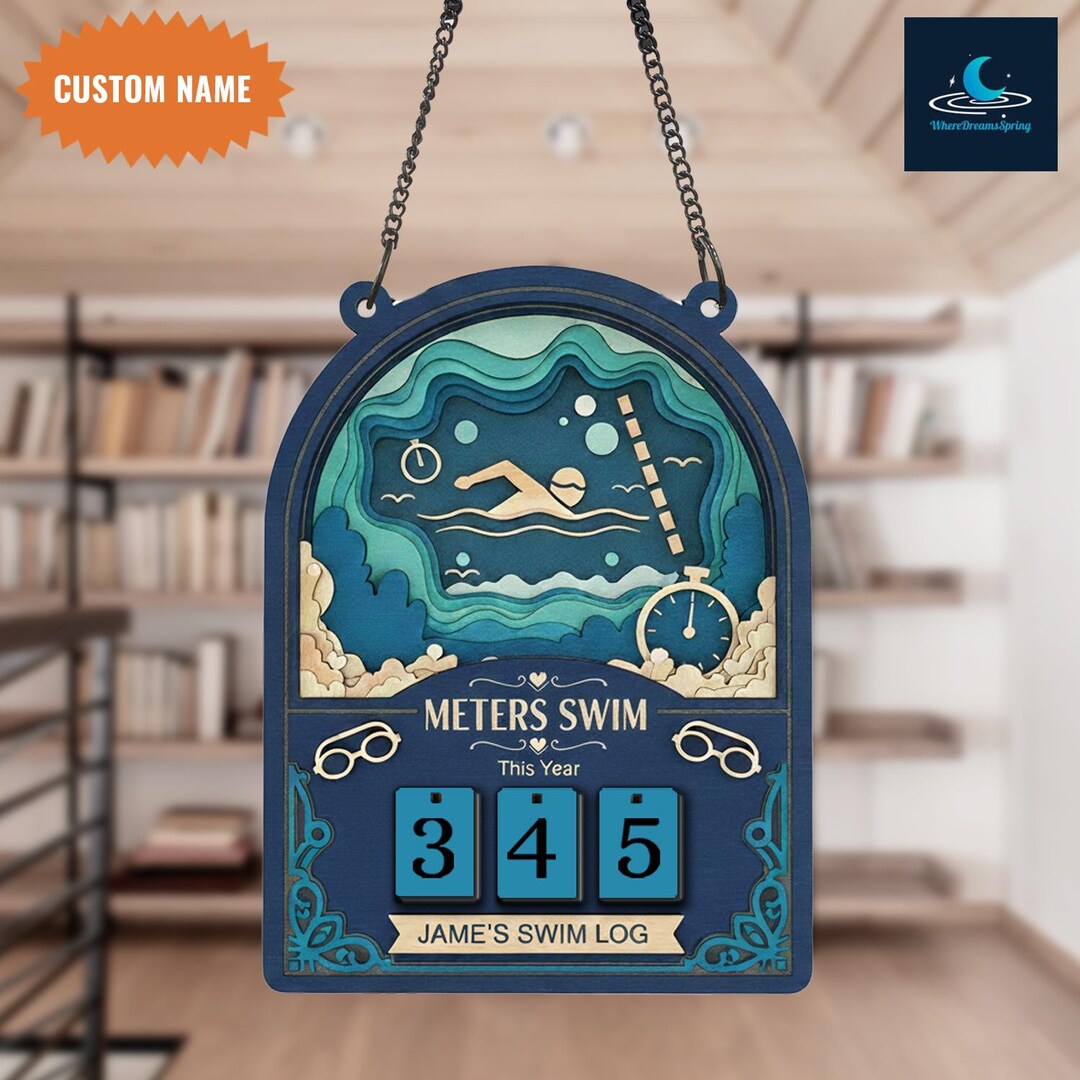 Personalized Swimming Distance Tracker Sign, Custom Name Meters Swum ...