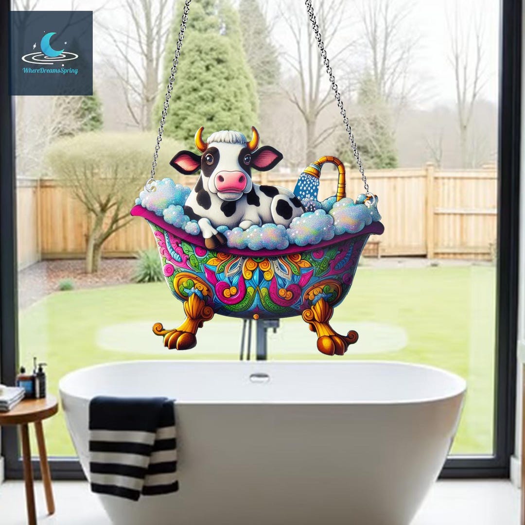 Cow in the Bathtub Acrylic Window Hanging, Cow Window Decor, Gift for ...