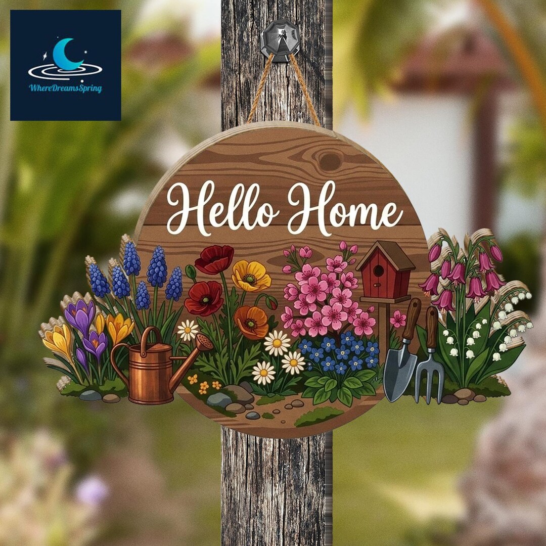 Hello Home Garden Sign, Spring Flowers Wooden Door Hanger, Farmhouse ...