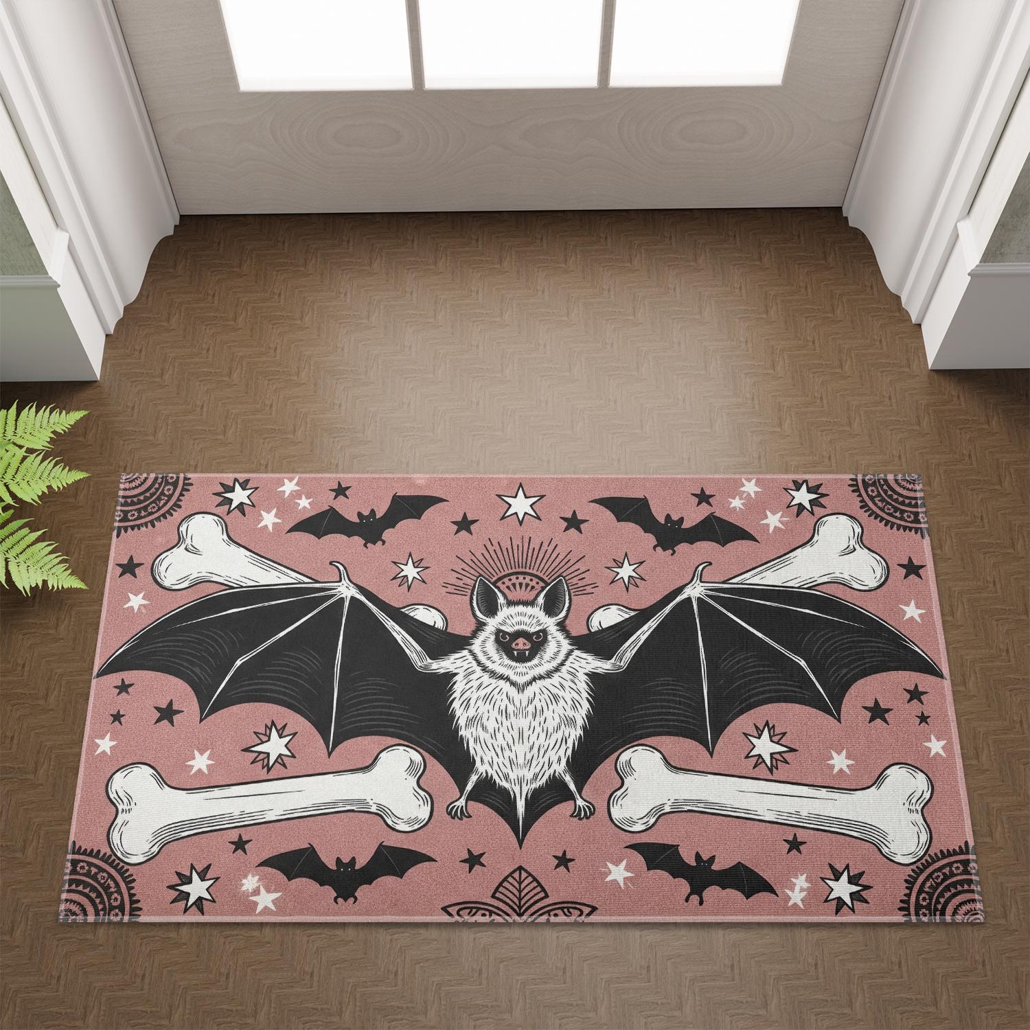 Gothic Bat Welcome Mat, Spooky Bat and Bones Doormat, Pink Halloween ...