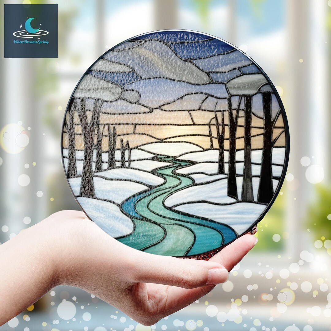 Winter Forest Suncatcher, Snowy Landscape Window Hanging, Stained Glass ...