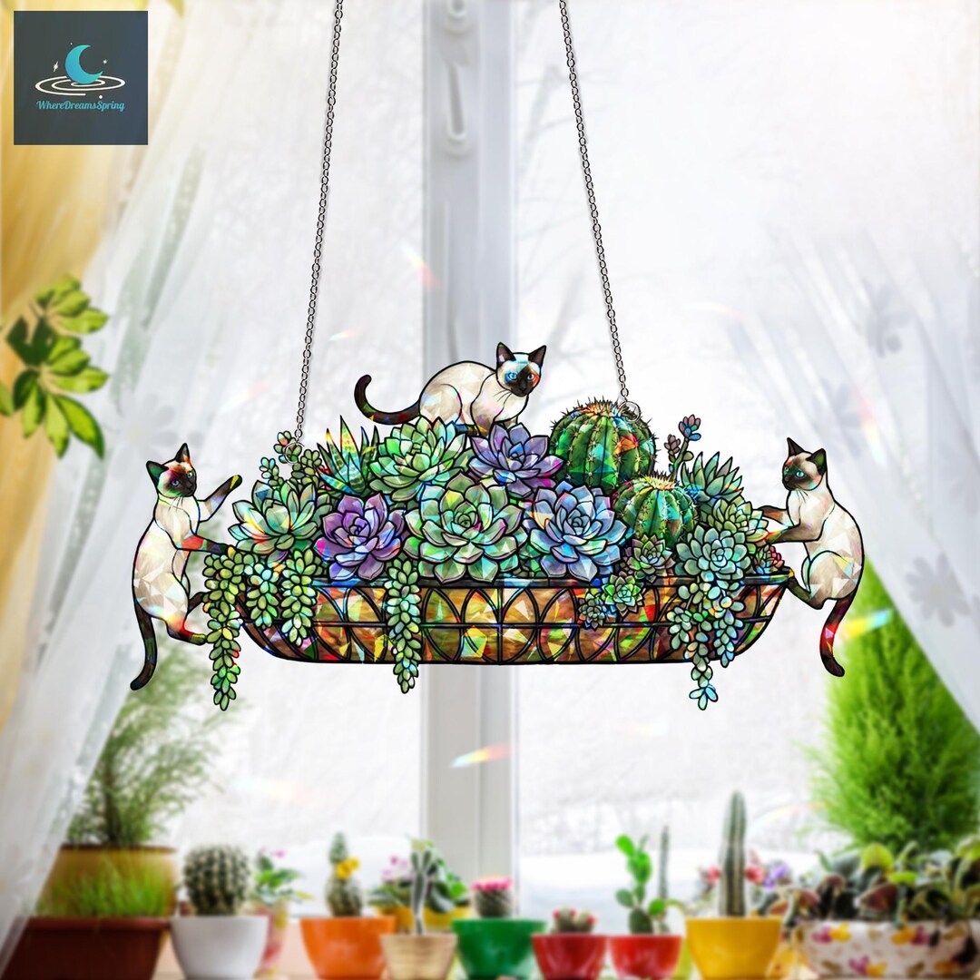 Siamese Cat Suncatcher Window Hanging – Cats With Succulent Garden ...