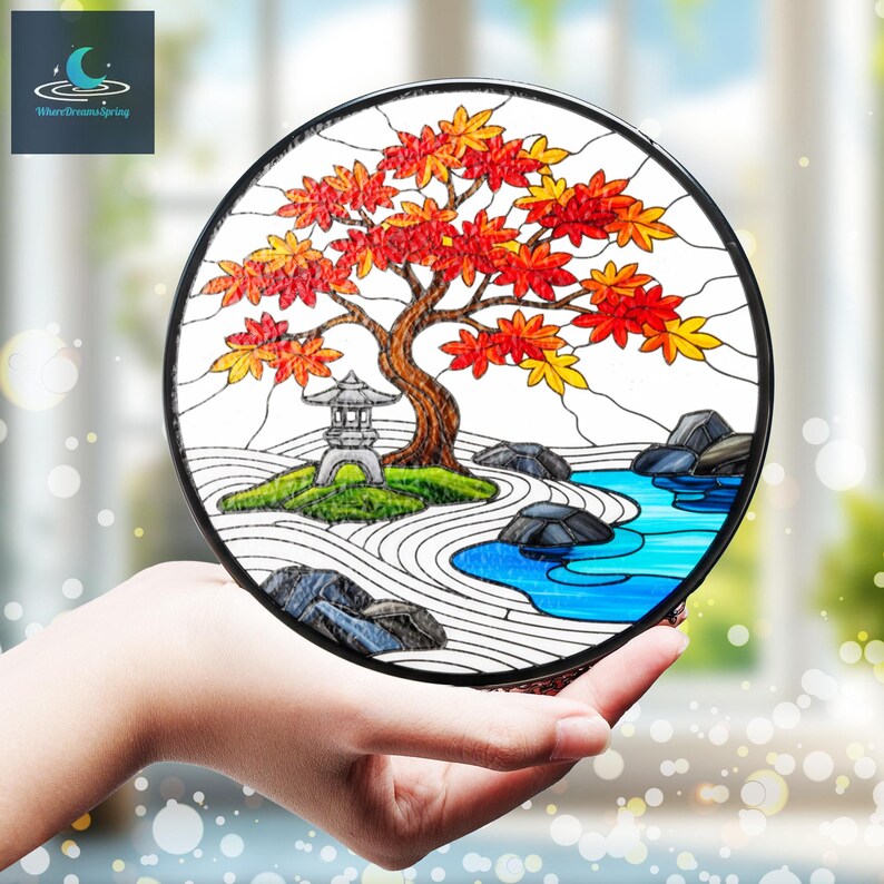 Autumn Tree Stained Glass Suncatcher – Japanese Zen Landscape Round ...