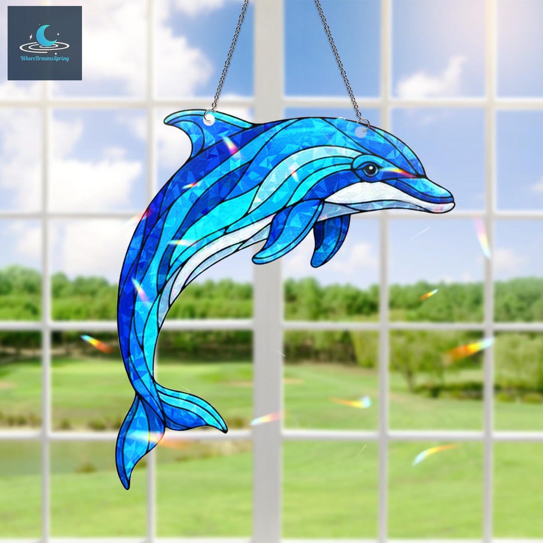 Dolphin Hologram Window Hanging, Ocean Waves Window Hanging, Tropical ...