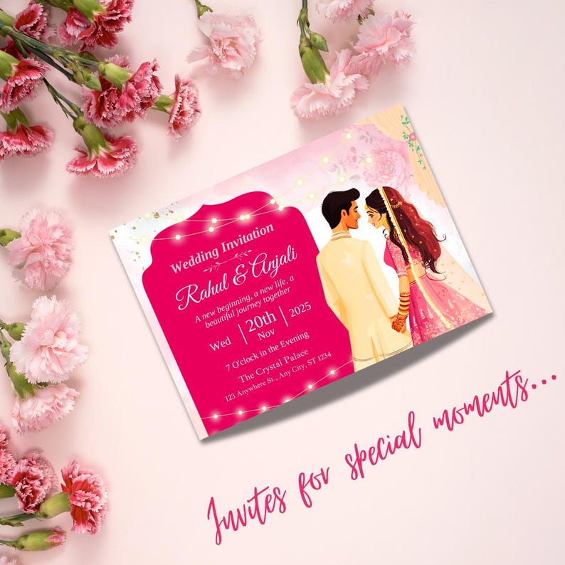 Indian Wedding Invitation Template Vibrant Pink | Editable Digital ...