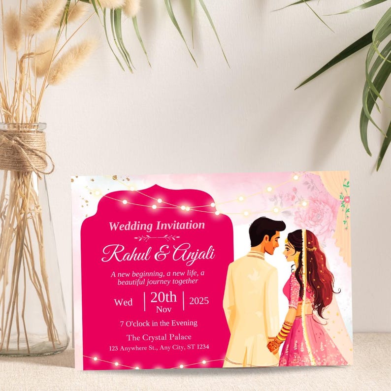 Indian Wedding Invitation Template Vibrant Pink | Editable Digital ...