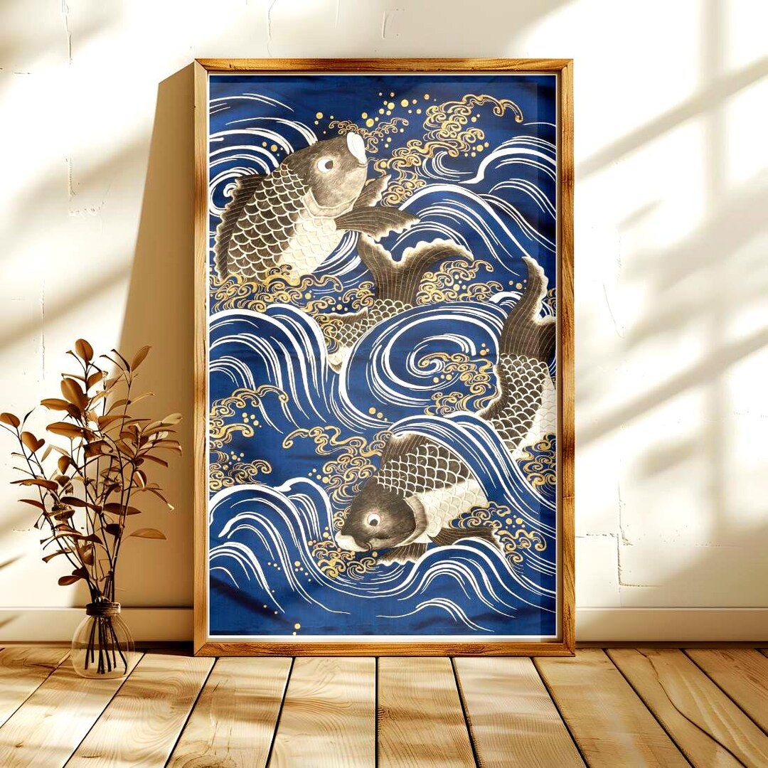 Japanese Koi & Wave Art, Meiji Era Design, Traditional Japanese Print ...