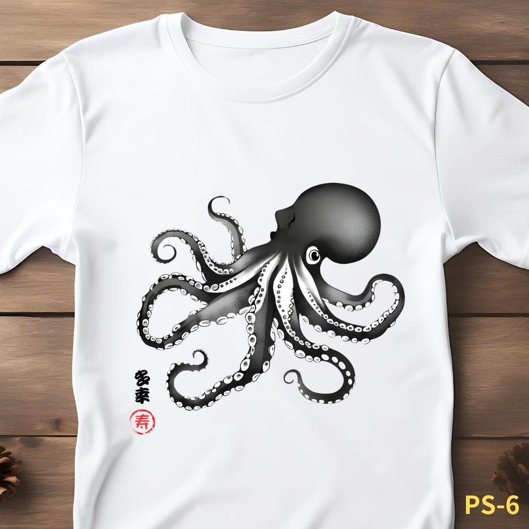 Octopus Japanese Calligraphy T Shirt Gyotaku Traditional Art Japan ...