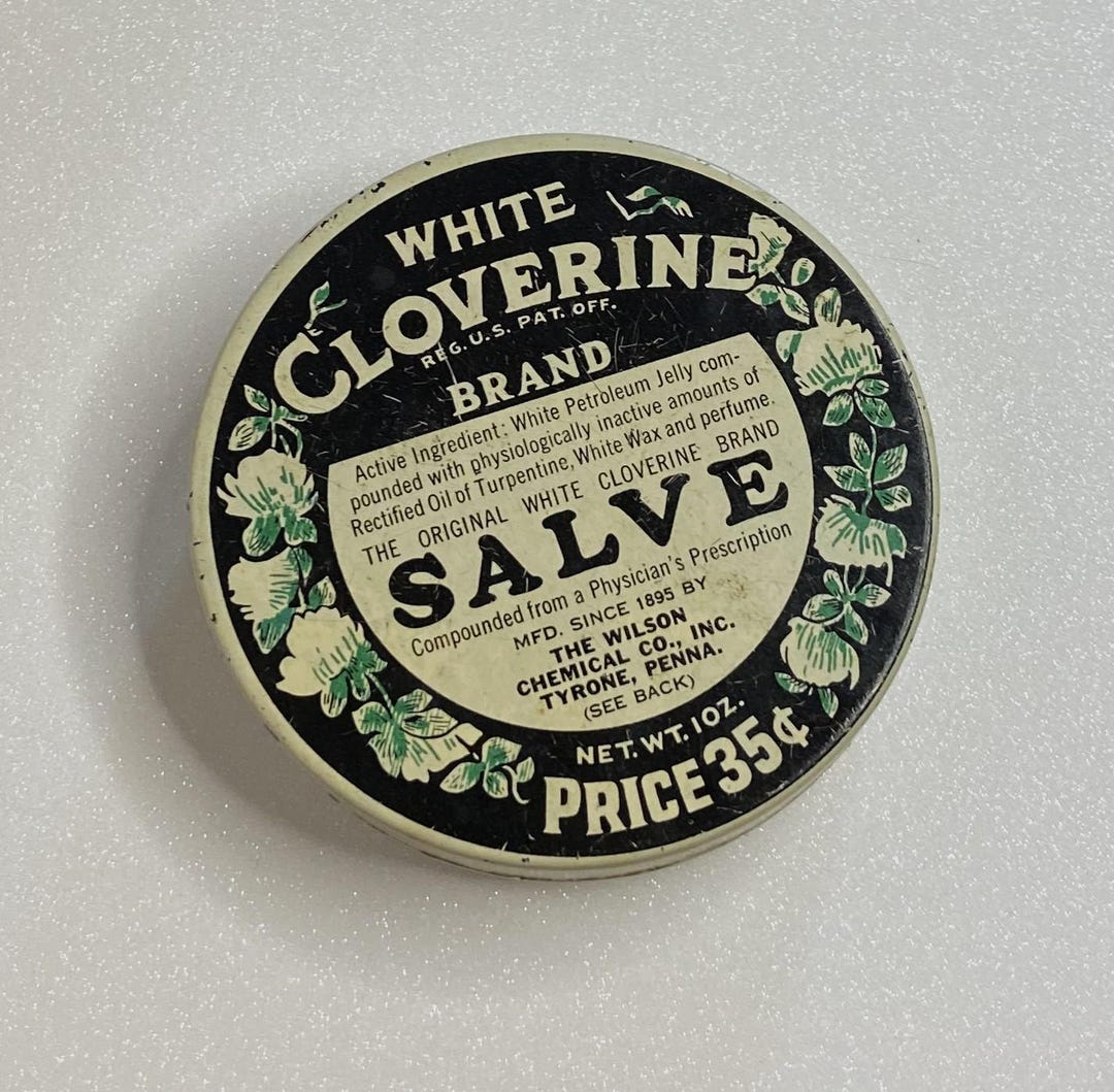Vintage Tin White Cloverine Brand Salve 35 Cents - Etsy