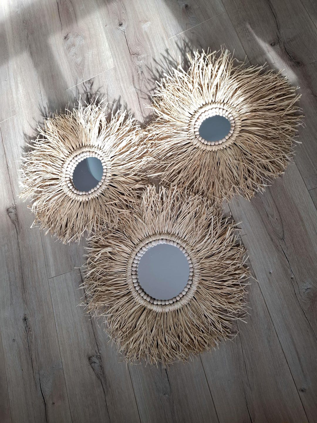 Set of 3 Handmade Raffia Sunburst Mirrors – Boho Coastal Wall Decor - Etsy