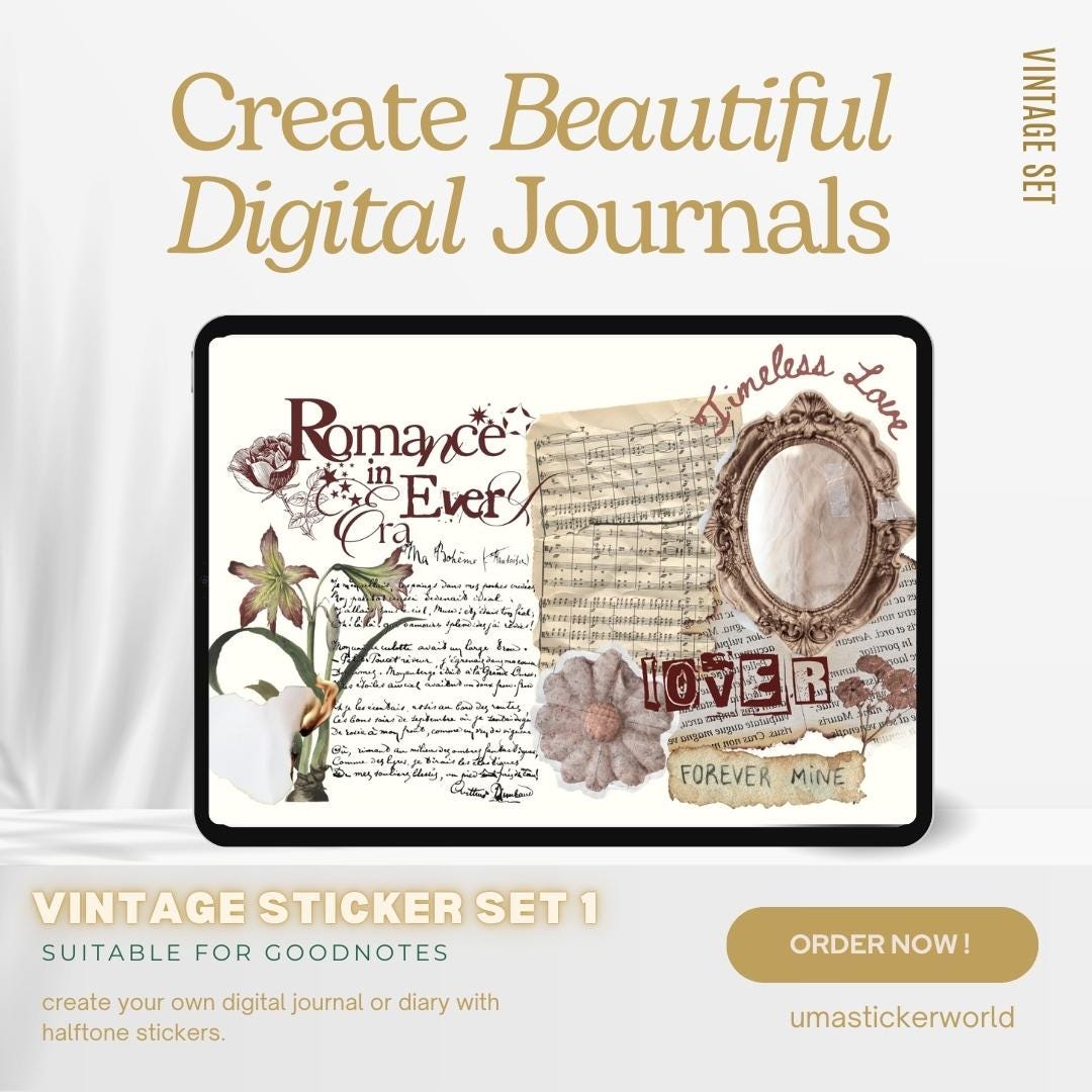 Vintage Love Digital Sticker Set Vintage Digital Stickers Retro Romance ...