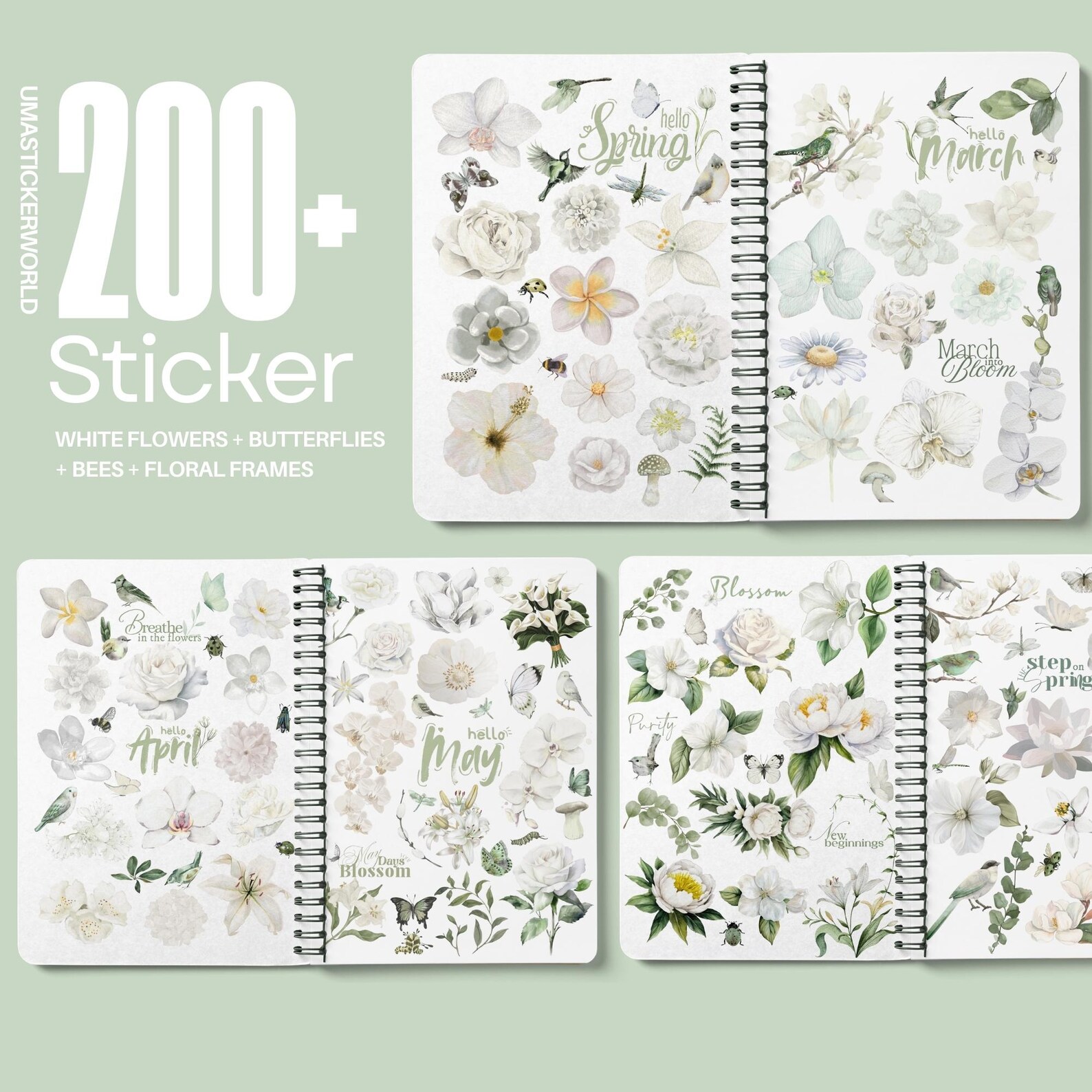 200+ Hello Spring Digital Stickers | Goodnotes White Flower Stickers ...