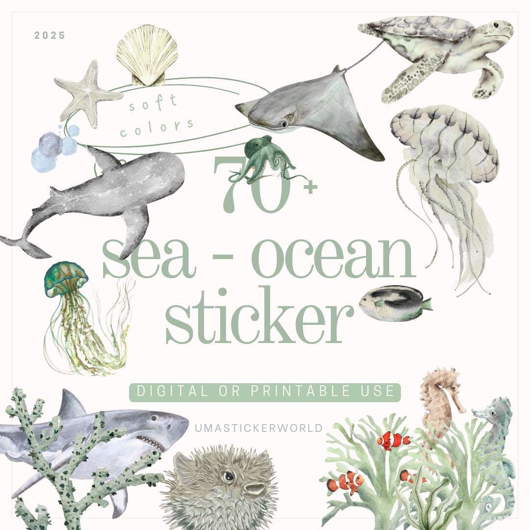 Ocean Animals Digital Stickers | Green Summer & Sea Life Stickers ...