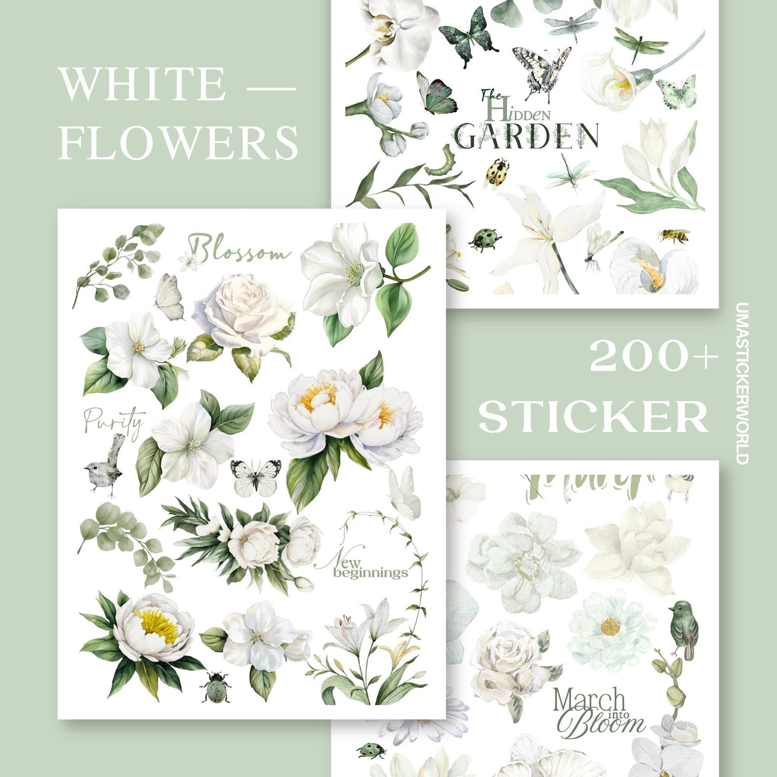 200+ Hello Spring Digital Stickers | Goodnotes White Flower Stickers ...