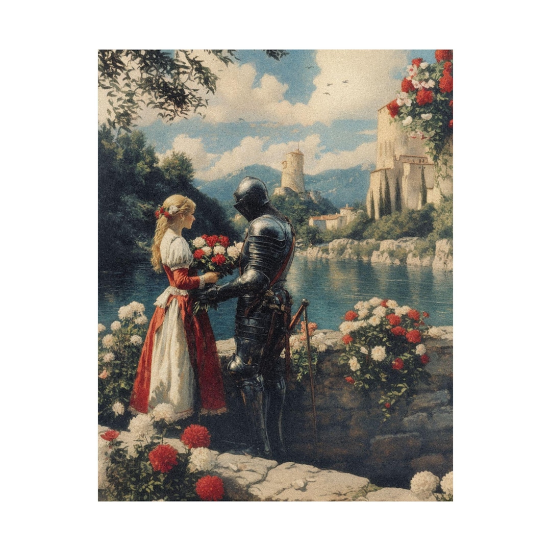 The Act of Love - Medieval Knight Giving Flowers to Maiden by River ...