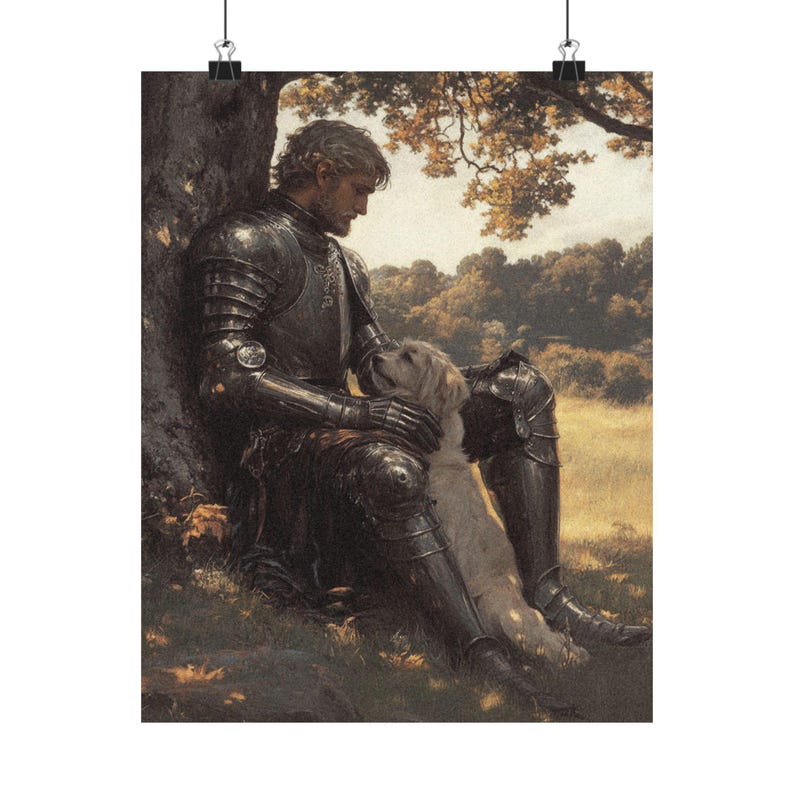 Man's Best Friend - Knight and Dog Under Tree Art Print, Peaceful and ...