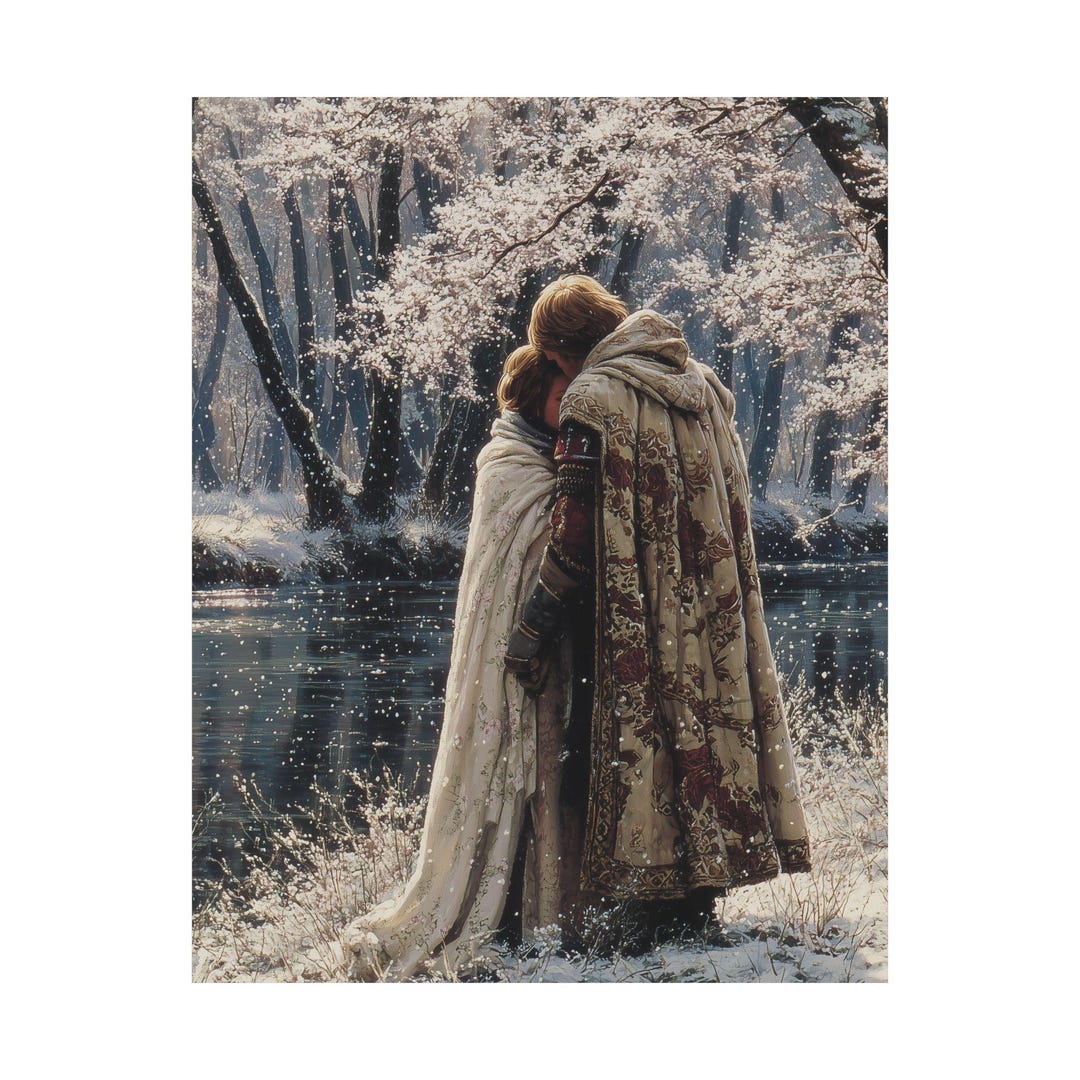 Snowy Love - Winter Romantic Knight, Moody Forest, Satin Poster for ...