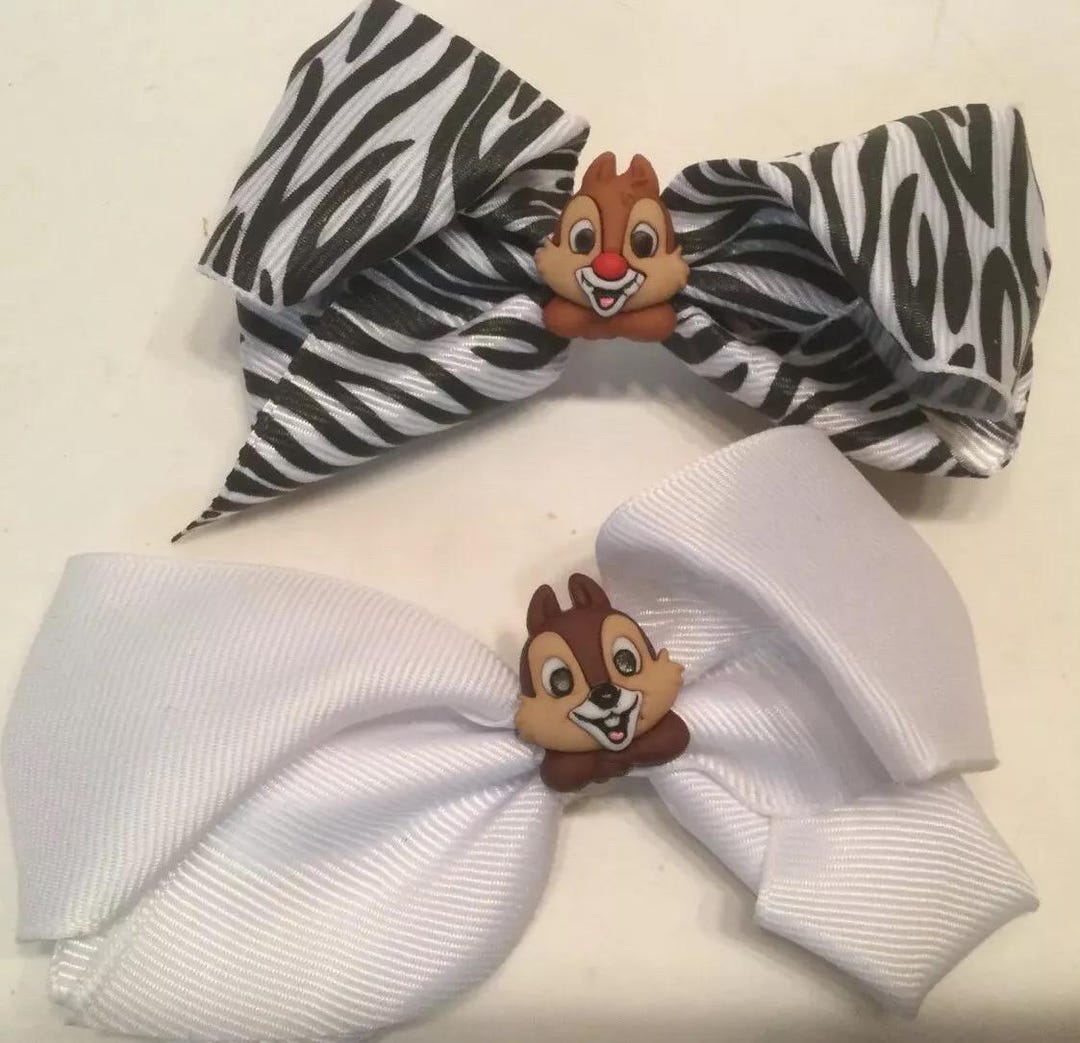 Disney Chip & Dale Hair Bow Clip White Zebra Print Barrette Pony Tail ...
