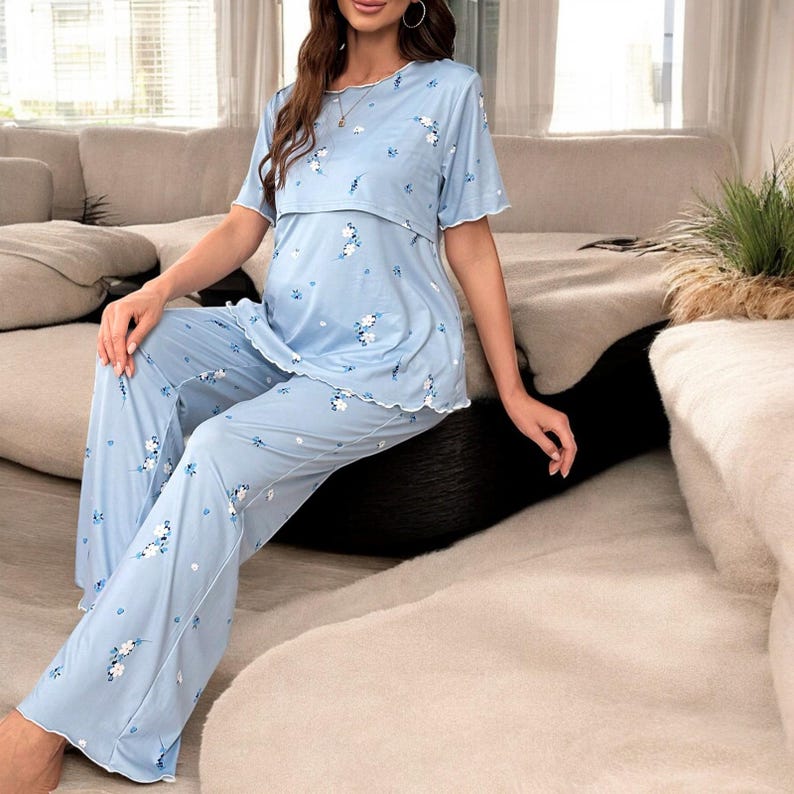 Floral Maternity Nursing Pajama Set, Baby Blue Pjs - Etsy