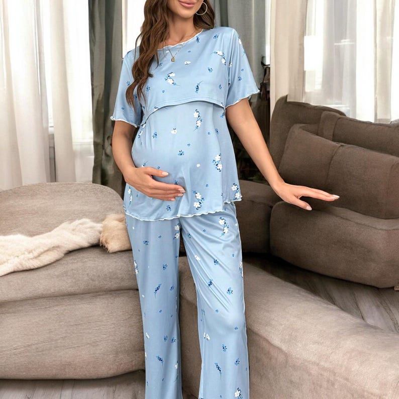 Floral Maternity Nursing Pajama Set, Baby Blue Pjs - Etsy