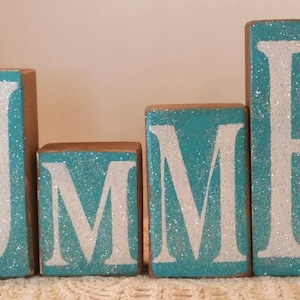 Summer Blocks Blue Wood Glitter Blocks Beach Home Decor Set of Six Wood ...