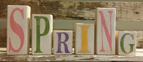 Blocks Spring Wood Glitter Blocks Set of Six Wood Shelf - Etsy