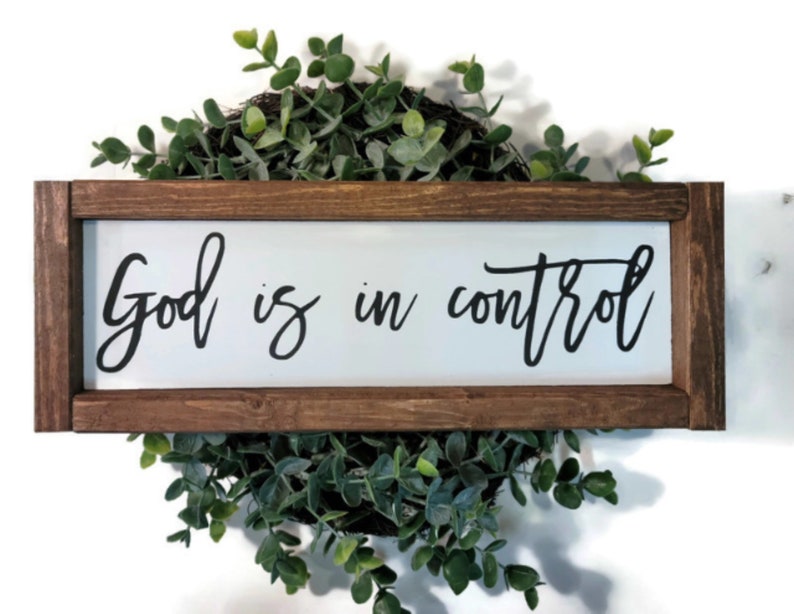God is in Control | Framed Farmhouse Wood Sign 3" X 12" | Religious ...