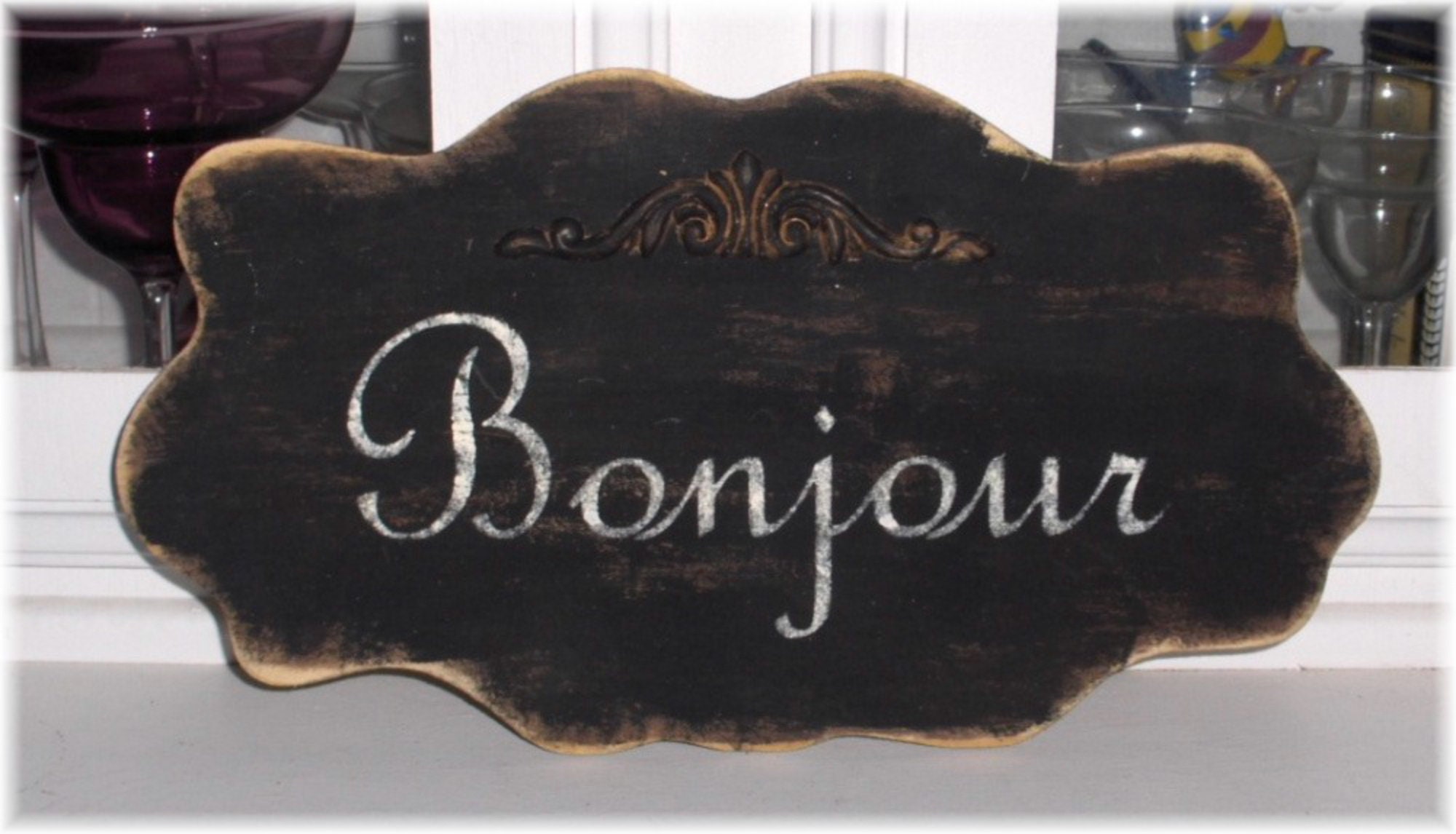 Wood Wall Sign Bonjour French Shabby Cottage Decor Large White Painted ...