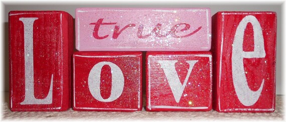 Valentine True Love Blocks Wood Set Pink and Red With Glitter | Etsy