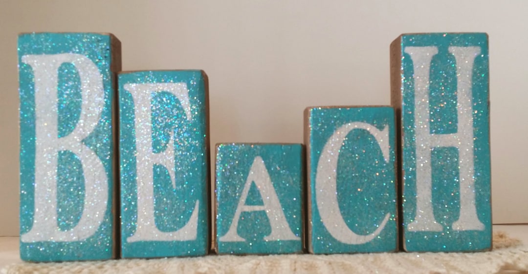 Beach Blocks Blue Wood Glitter Blocks Beach Home Decor Set of Five Wood ...