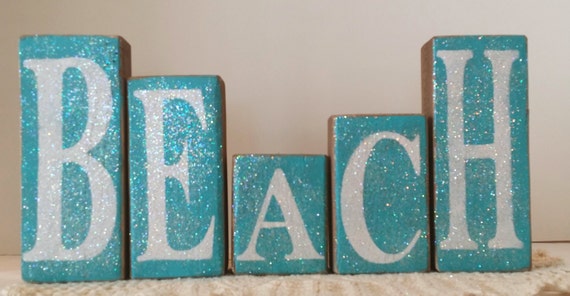 Beach Blocks Blue Wood Glitter Blocks Beach Home Decor Set of | Etsy