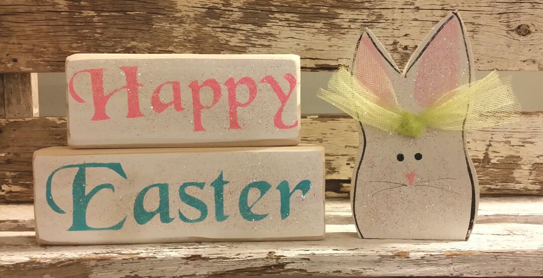 Happy Easter Pastel Color Blocks With Bunny Head Glitter Blocks Holiday ...