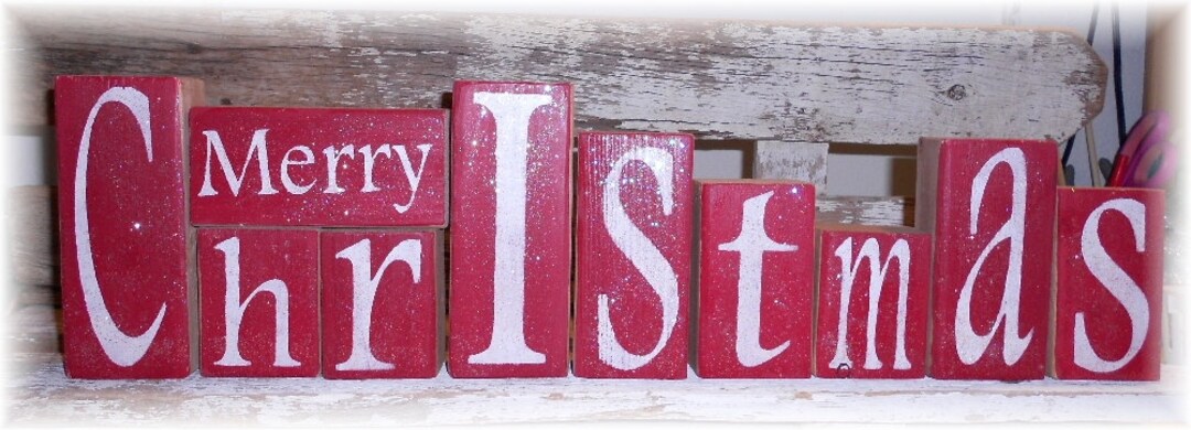 Merry Christmas Blocks Red & White Set of 10 Wood Decoration Holiday ...