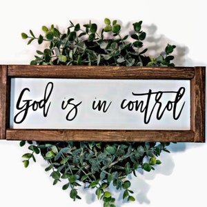 God is in Control | Framed Farmhouse Wood Sign 3" X 12" | Religious ...