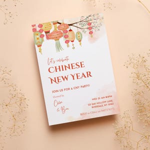 Chinese New Year Party Invitation, Watercolor Lantern Design, Elegant ...