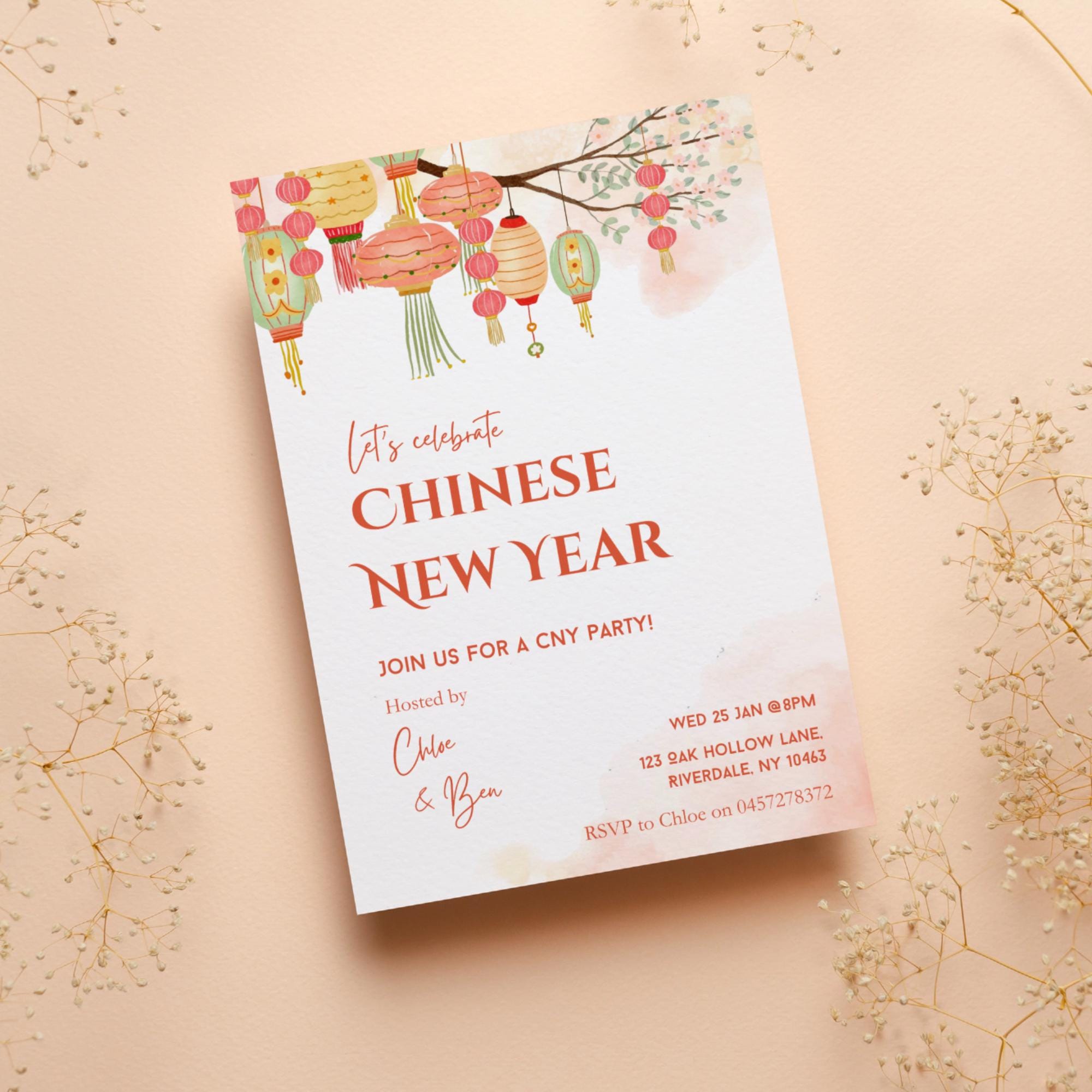 Chinese New Year Party Invitation, Watercolor Lantern Design, Elegant ...