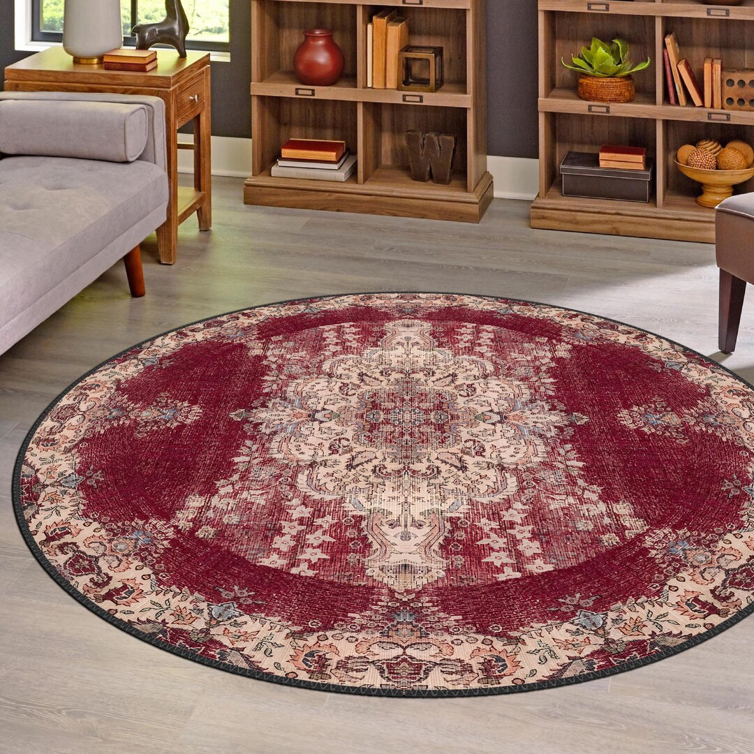 Red Vintage Style Round Rug, Antique Look Teppich, Washable Non-slip ...