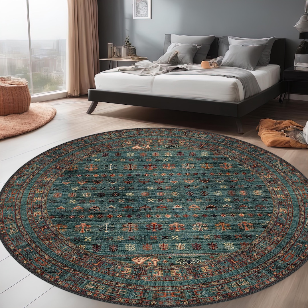 Vintage Style Round Rug, Antique Look Teppich, Washable Non-slip Round ...