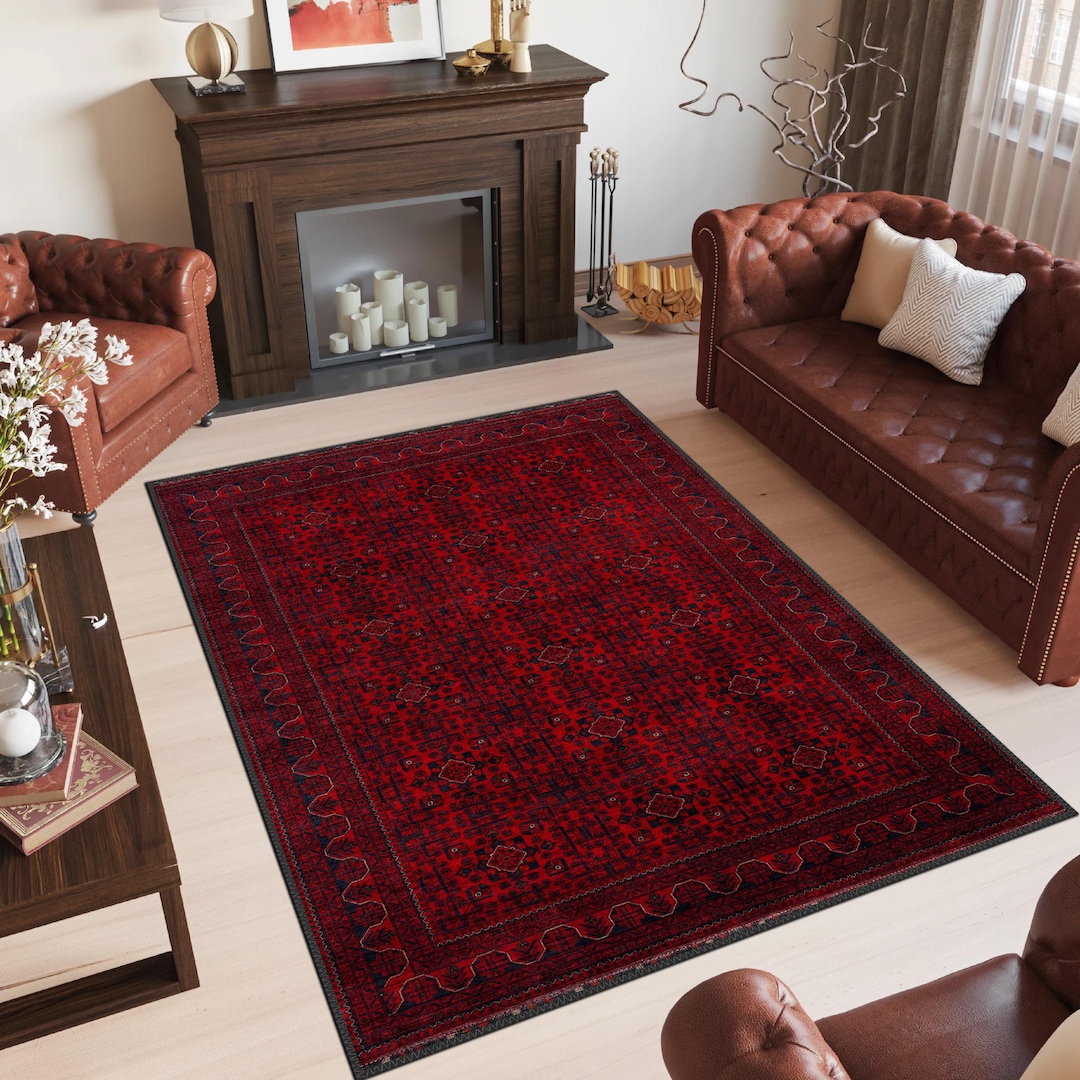 Red Vintage Style Rug, Antique Look Teppich, Washable Non-slip Bohemian ...