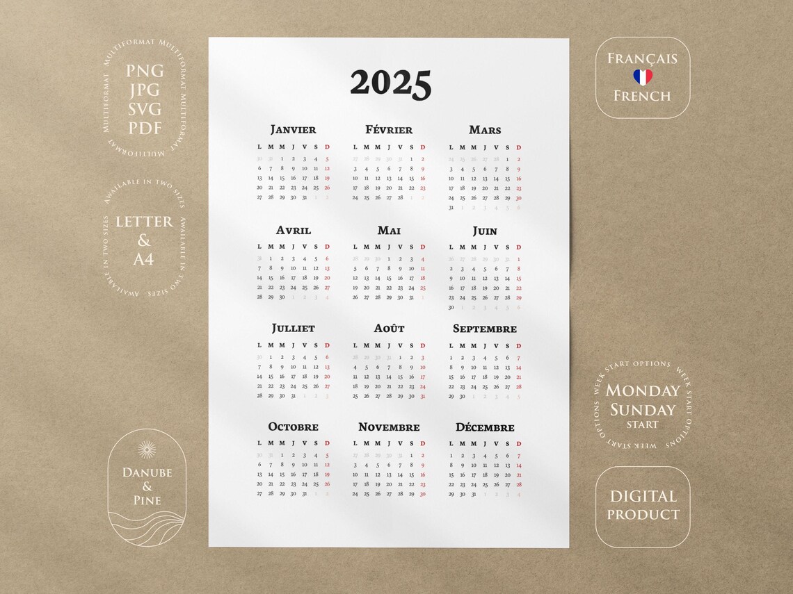 2025 French Calendar, Yearly Planner, 2025 Calendar Png, Jpg, Svg, Pdf ...