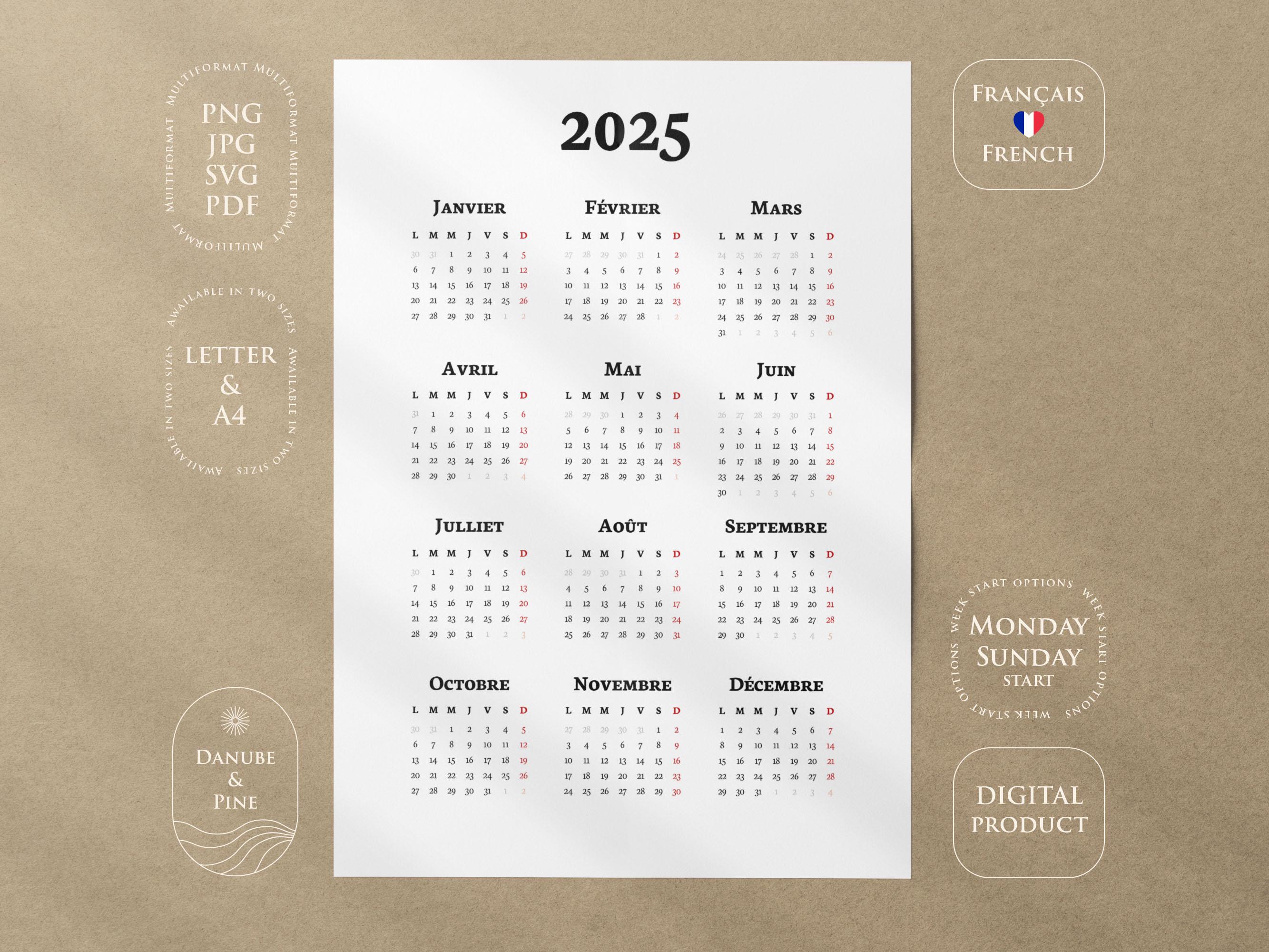 2025 French Calendar, Yearly Planner, 2025 Calendar Png, Jpg, Svg, Pdf ...
