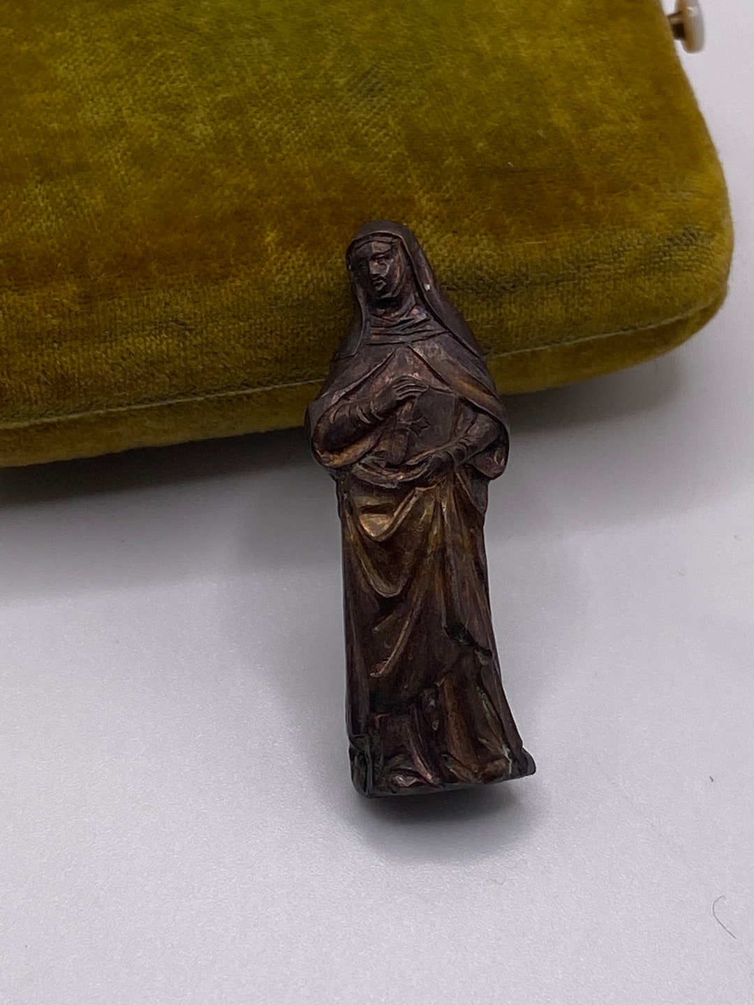 RARE Wax + Metal Antique Miniature Monastery Saint Statue / Tiny ...