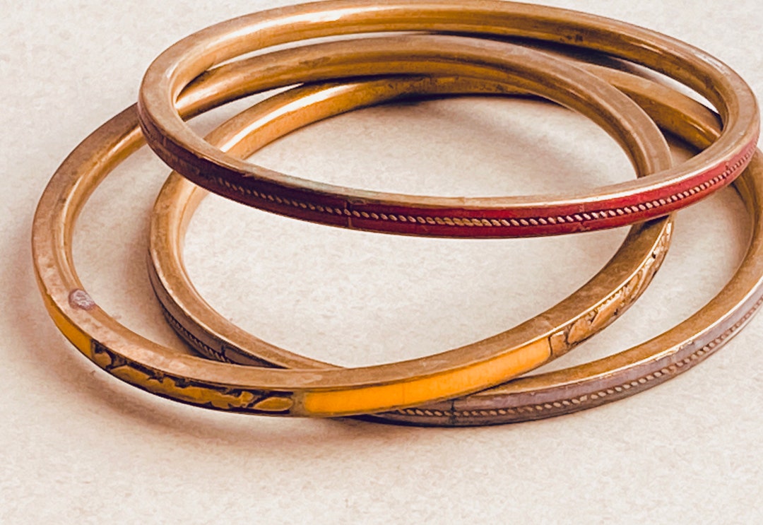 Colorful Antique Indian Bras Inlay Bangle Trio / Art Deco Stacking ...