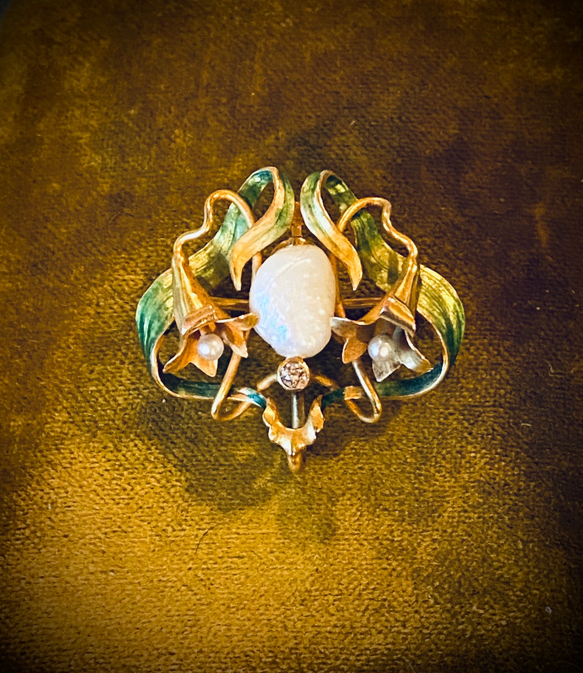 14k Gold Art Nouveau Diamond Pearl and Pastel Enamel Lily Convertible ...
