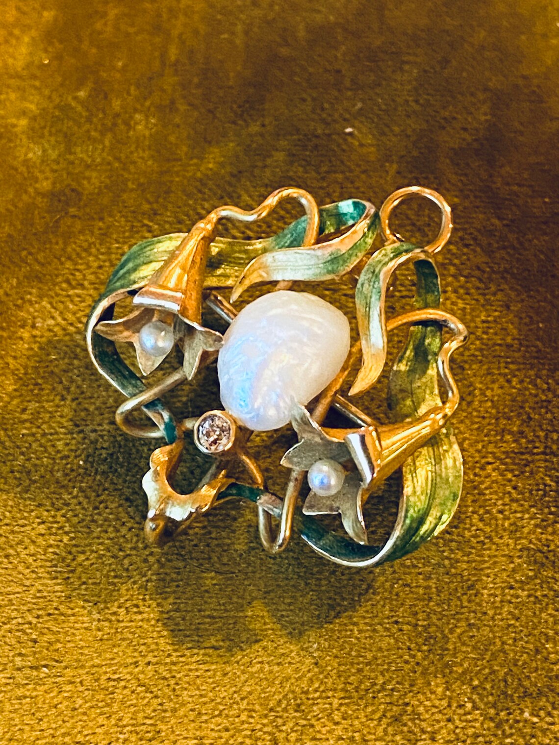 14k Gold Art Nouveau Diamond Pearl and Pastel Enamel Lily Convertible ...