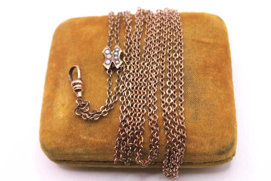 Antique Ladies Long Victorian Guard Chain Necklace With Opal and Pearl ...