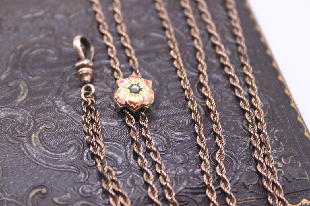 Long Victorian Ladies Watch Chain With Ombre Enamel and Seed Pearl ...