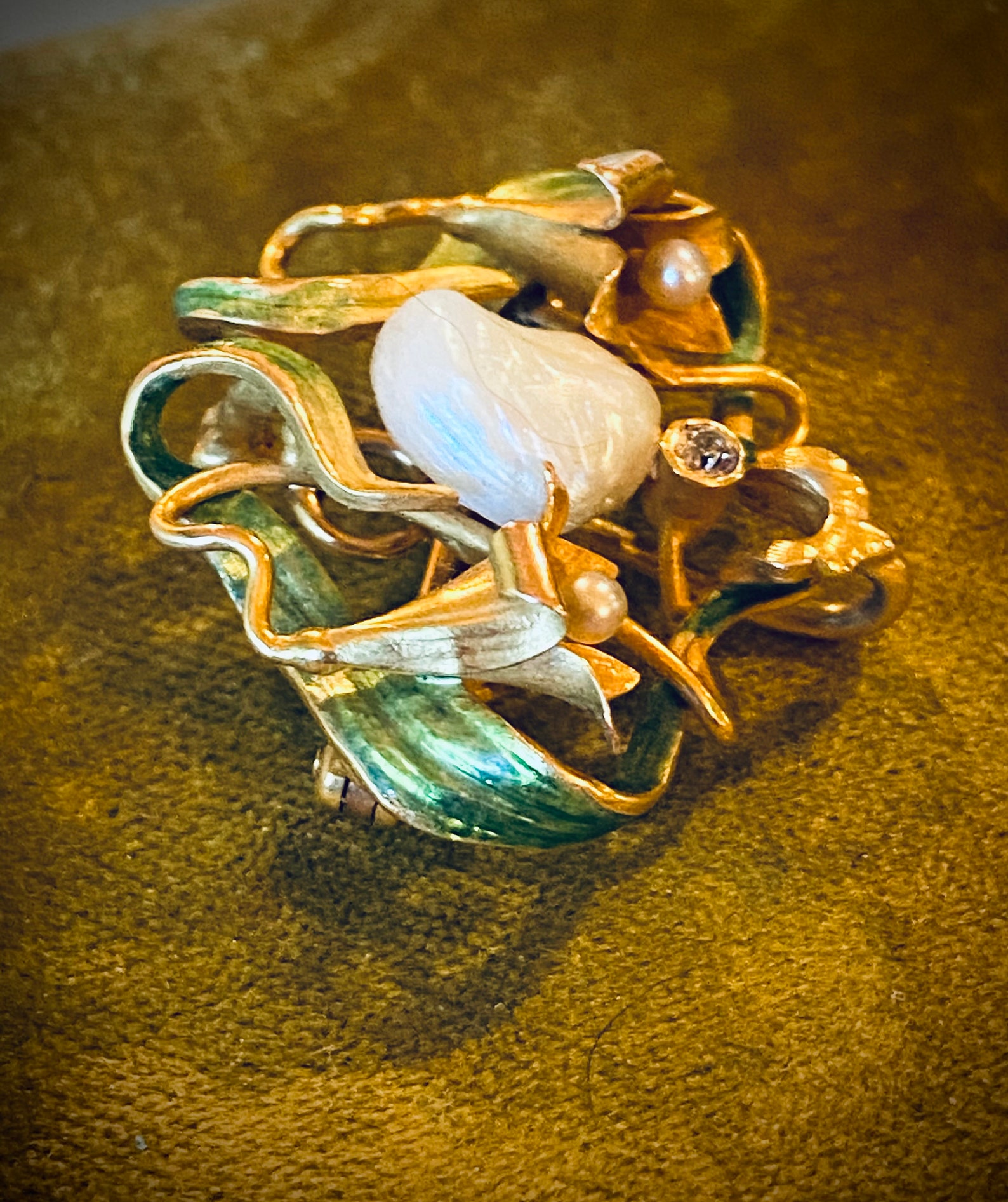14k Gold Art Nouveau Diamond Pearl and Pastel Enamel Lily Convertible ...